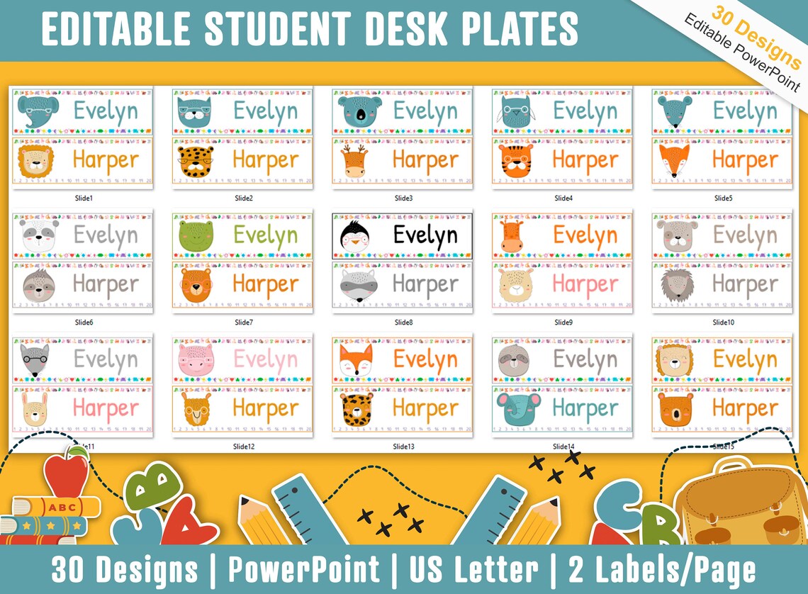 Student Desk Plates, 30 Printable/editable Animals Faces Classroom Name ...