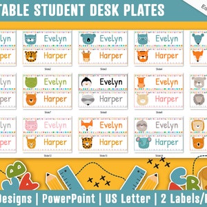Student Desk Plates, 30 Printable/editable Animals Faces Classroom Name ...