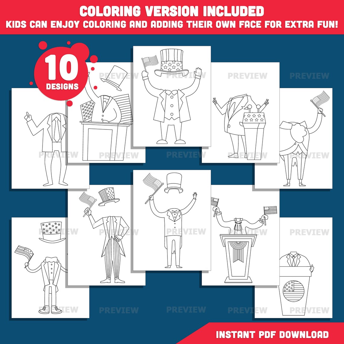 Presidents Day Add-your-own-face Crafts, Body Templates That Let Kids ...