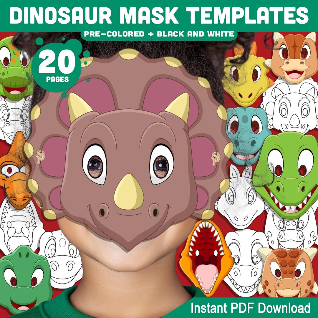 Printable Dinosaur Mask Templates: Fun Kids Birthday Face Masks, Pre ...