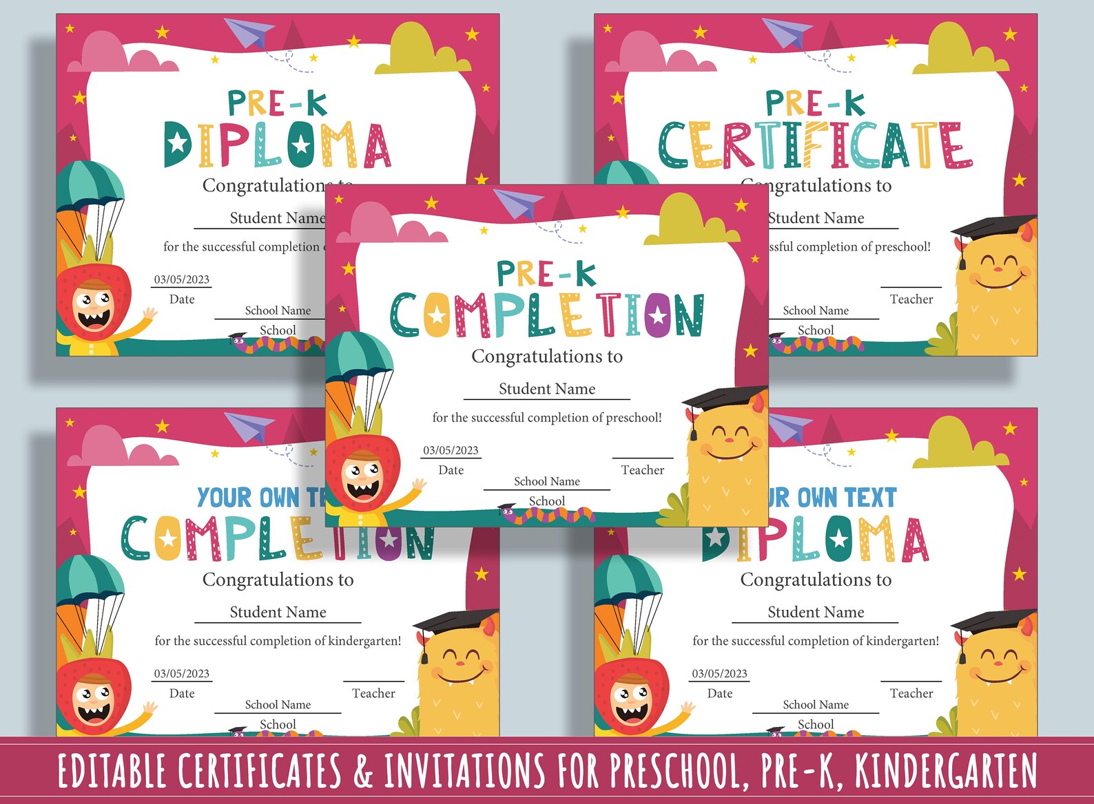 Colorful Pre-k Diploma Certificate and Invitation Templates - Etsy