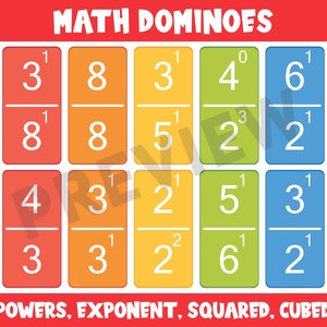 Printable Math Dominoes (powers, Exponent, Squared, Cubed), 55 Cards ...