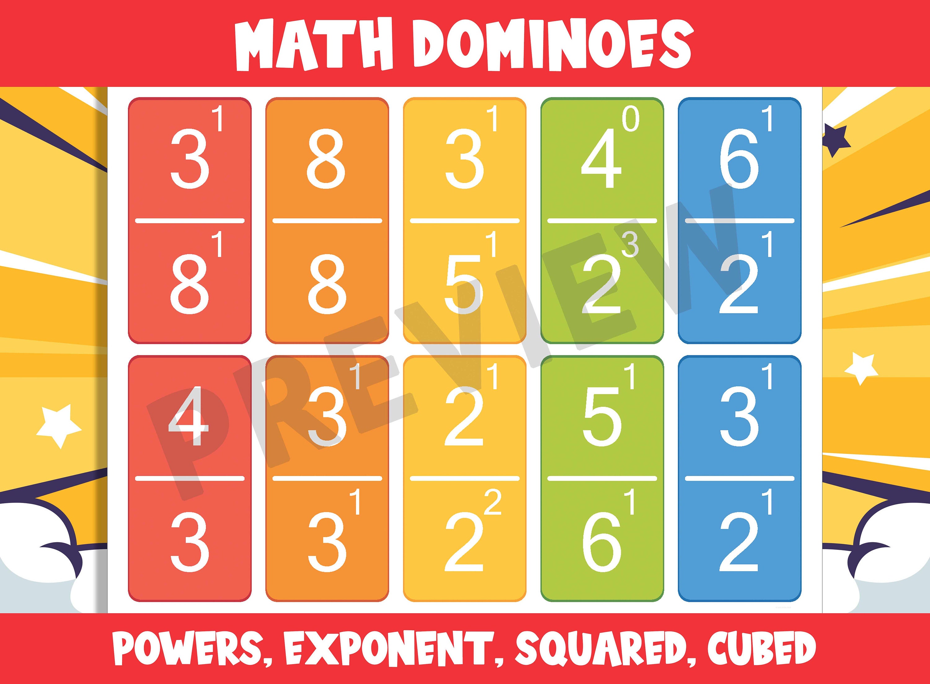 Printable Math Dominoes powers, Exponent, Squared, Cubed, 55 Cards, PDF ...
