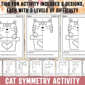 Cat Symmetry Worksheet, Kitten Theme Lines of Symmetry Activity, 24 ...