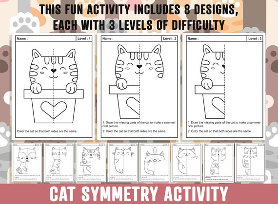 Cat Symmetry Worksheet Kitten Theme Lines of Symmetry | Etsy