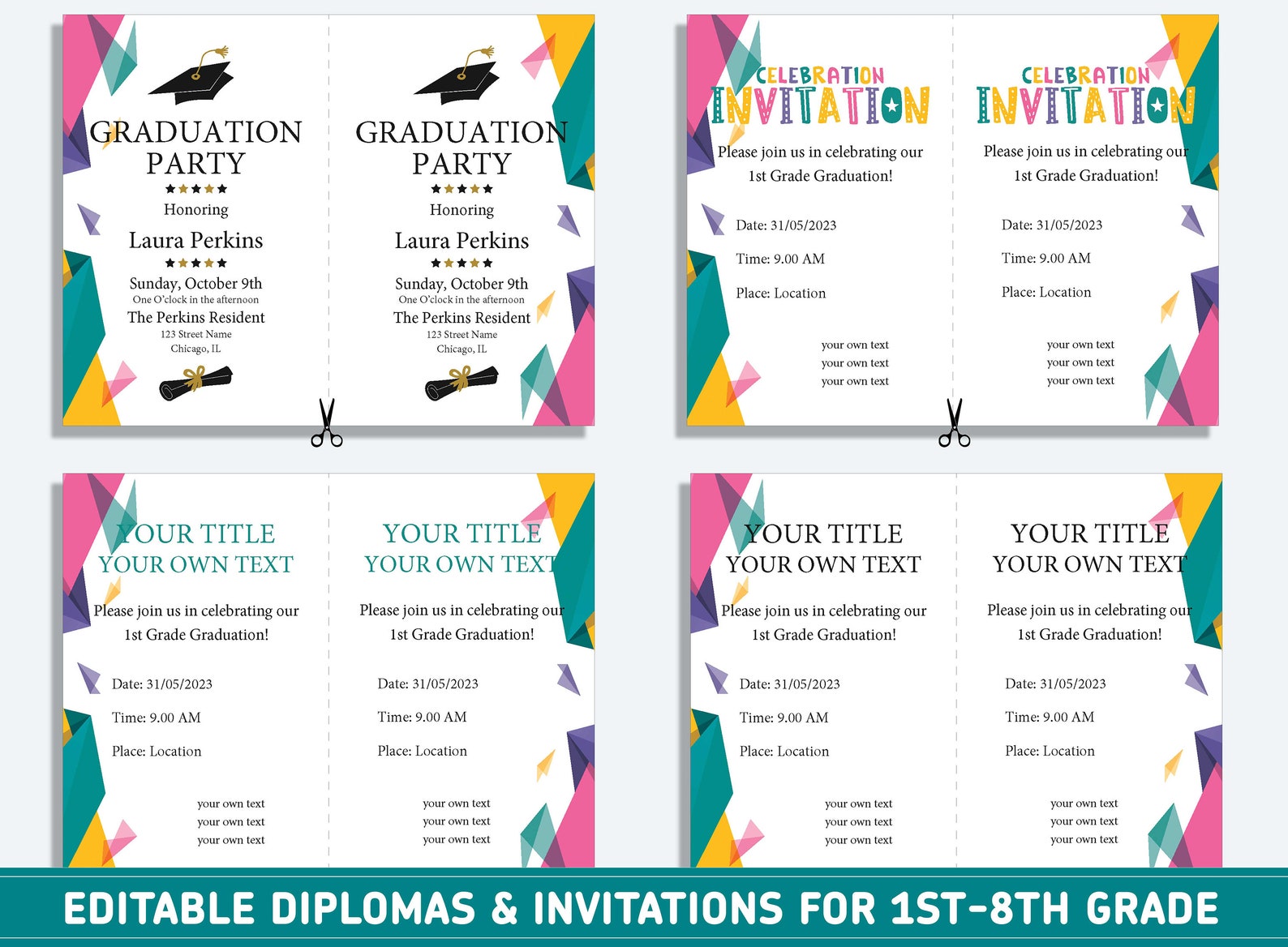 Editable First Grade, Second Grade to 8th Grade Diploma Certificate of ...