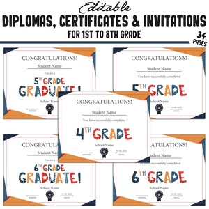 Printable 4th Grade Diplomas, Editable Certificates for 1st-8th Grades ...