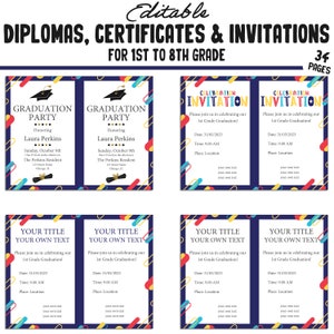 Editable 6th Grade Diplomas, 1st-8th Grade Certificates & Invitation ...