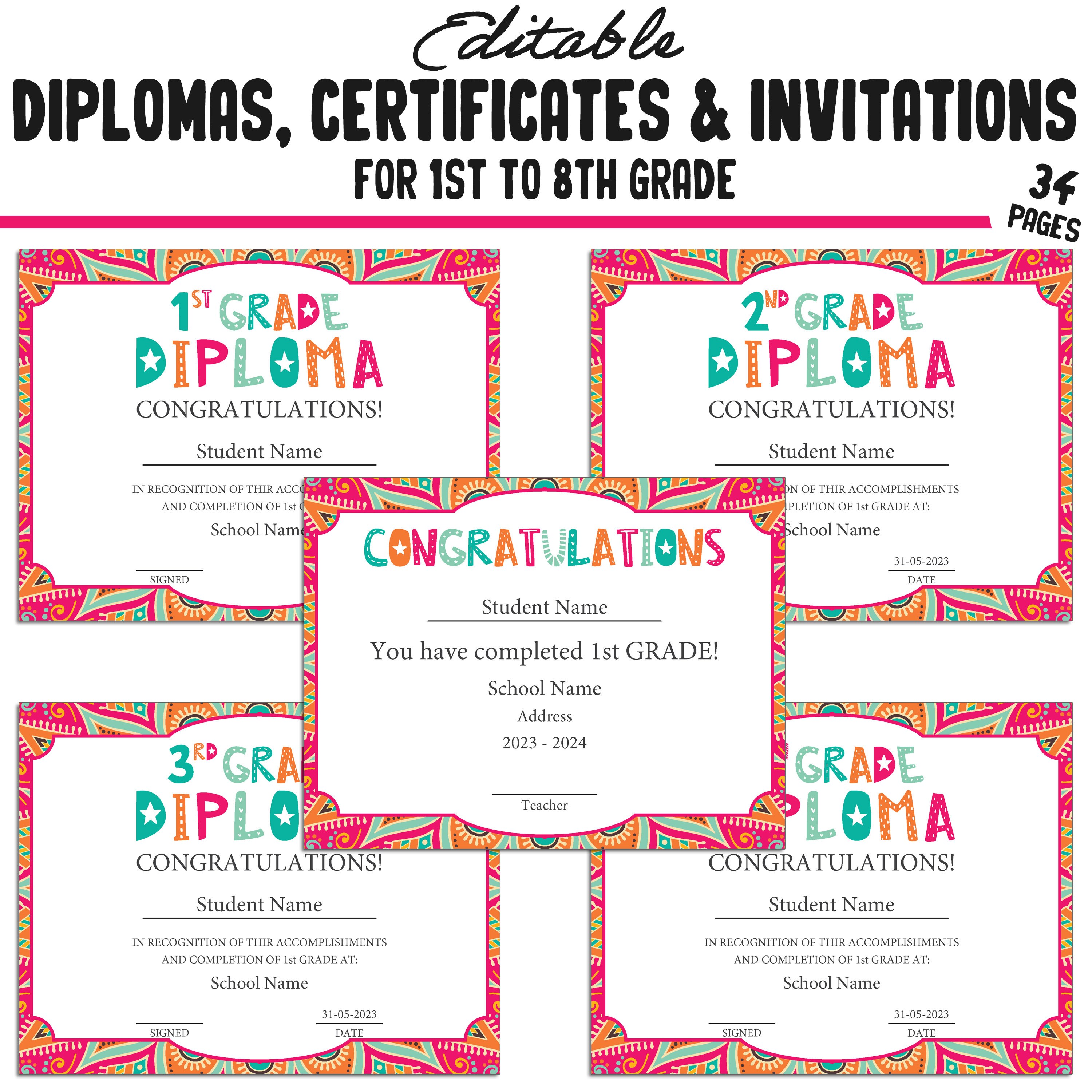 Printable 7th Grade Diplomas, Editable Certificates for 1st-8th Grades ...