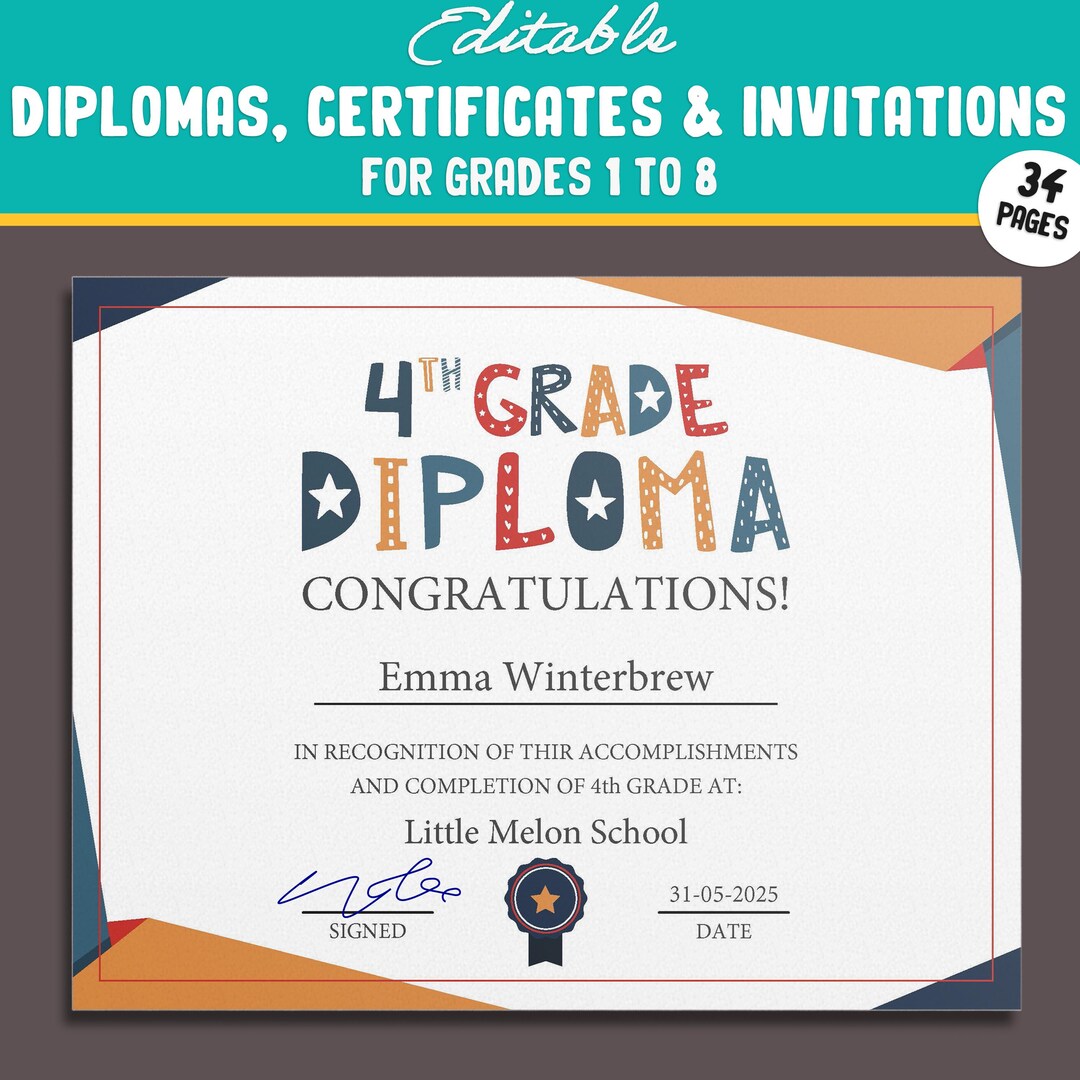Printable 4th Grade Diplomas, Editable Certificates for 1st-8th Grades ...