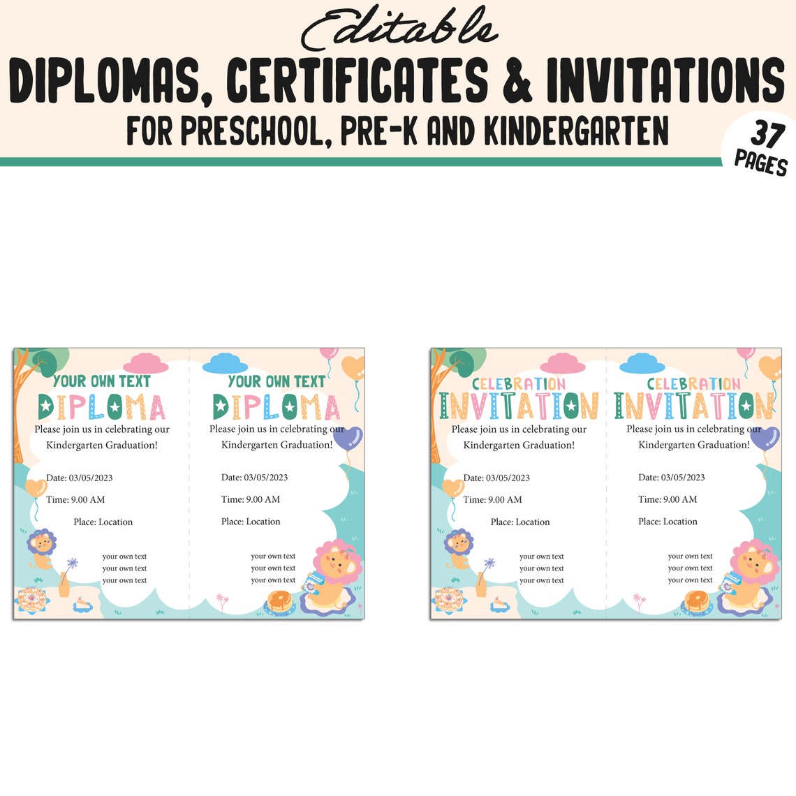 Editable Kindergarten, Prek, Preschool Diplomas, Certificates ...