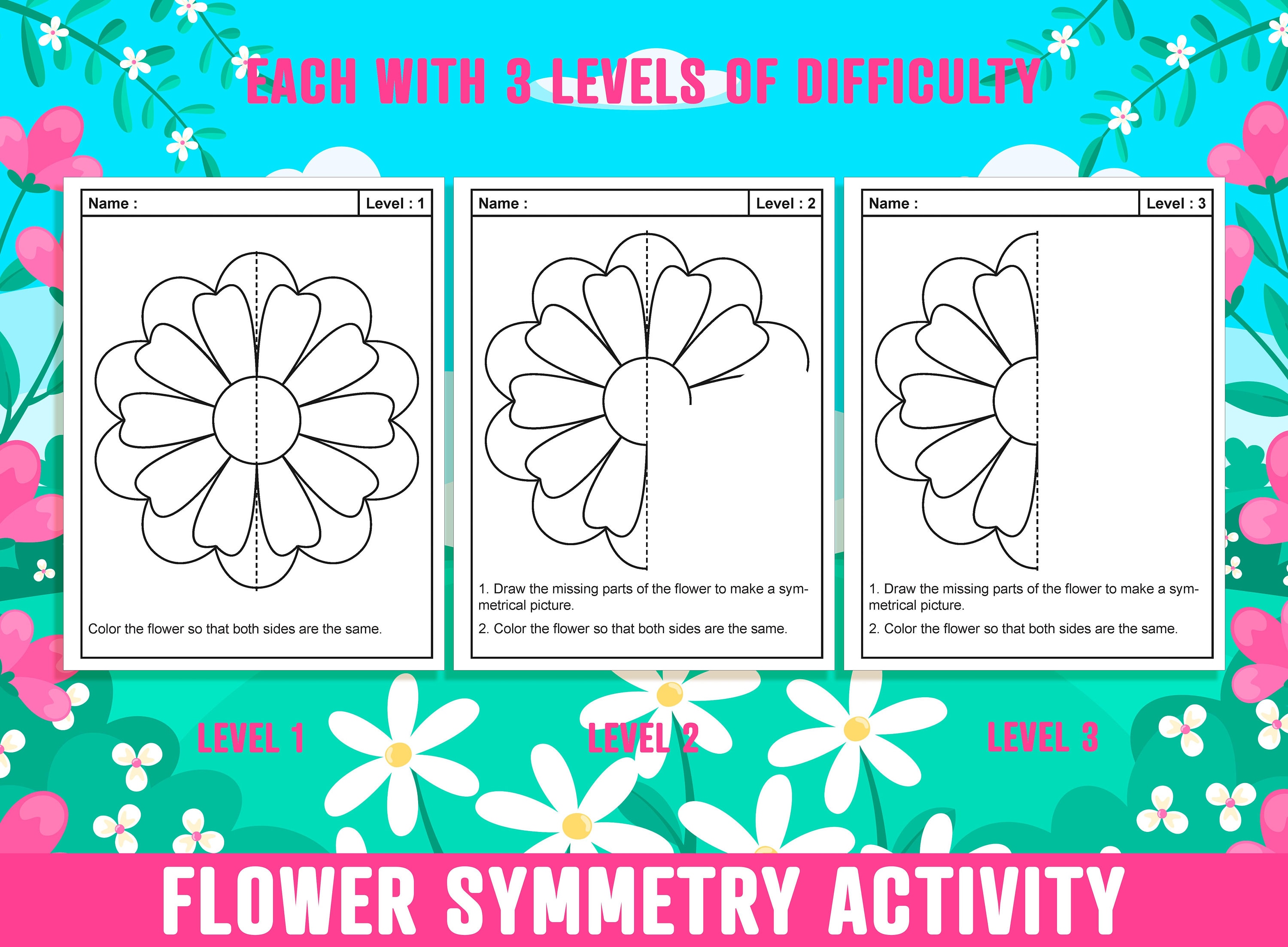 Flower Symmetry Worksheet, Flower Theme Lines of Symmetry Activity, 24 ...