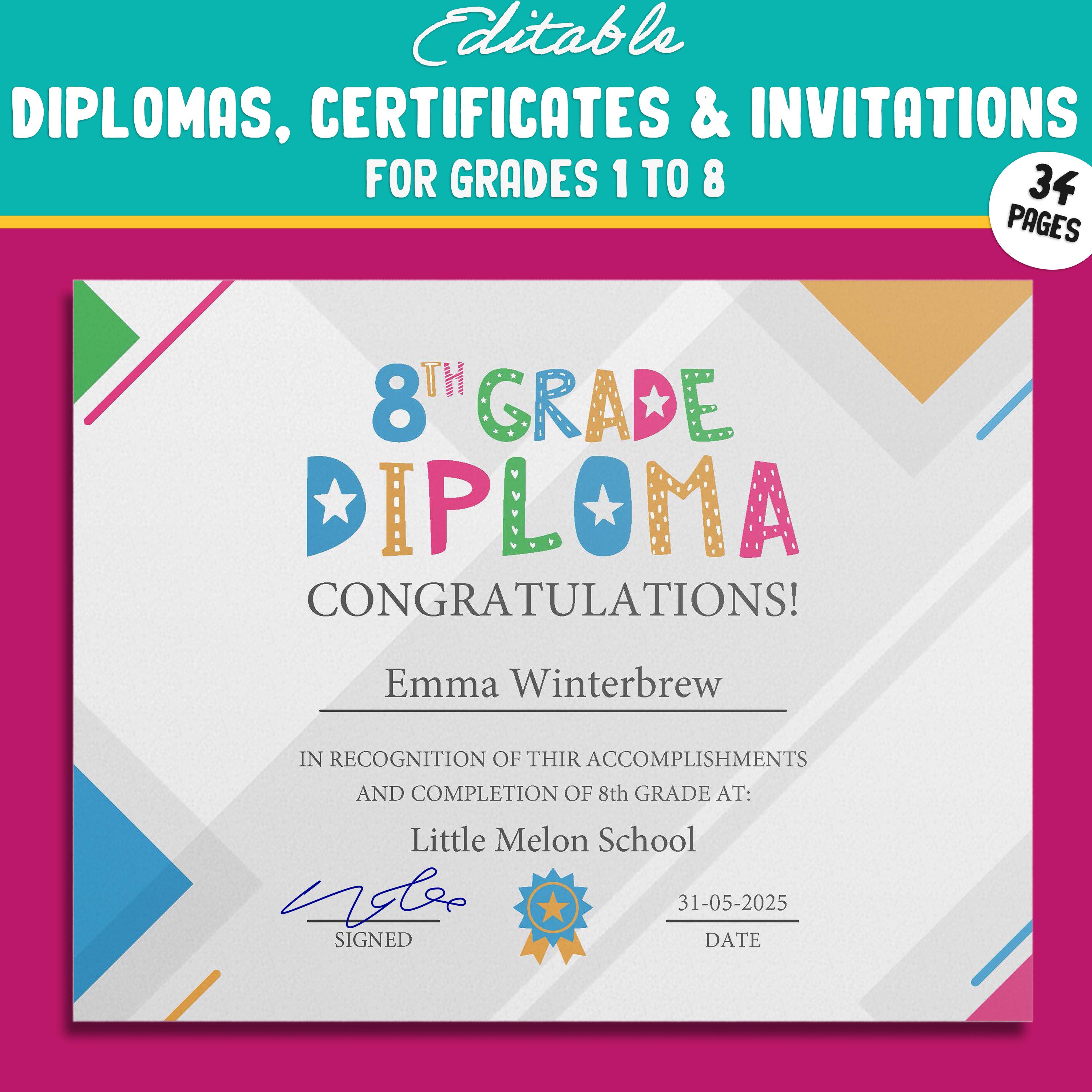 Editable 8th Grade Graduation, 1st to 8th Grade Diploma, Certificate of ...