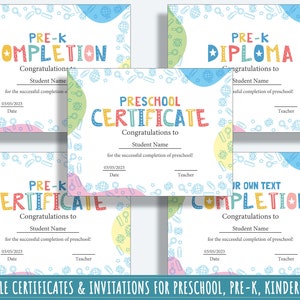 Kindergarten Certificates Completion Diploma and Invitations, Editable ...