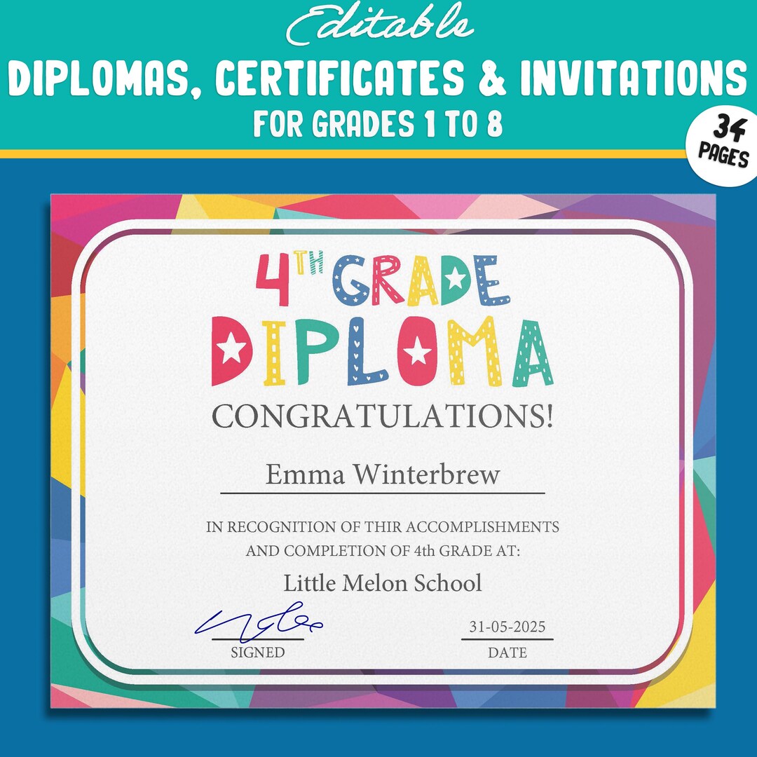 Editable 4th Grade Graduation, 1st to 8th Grade Diploma, Certificate of ...