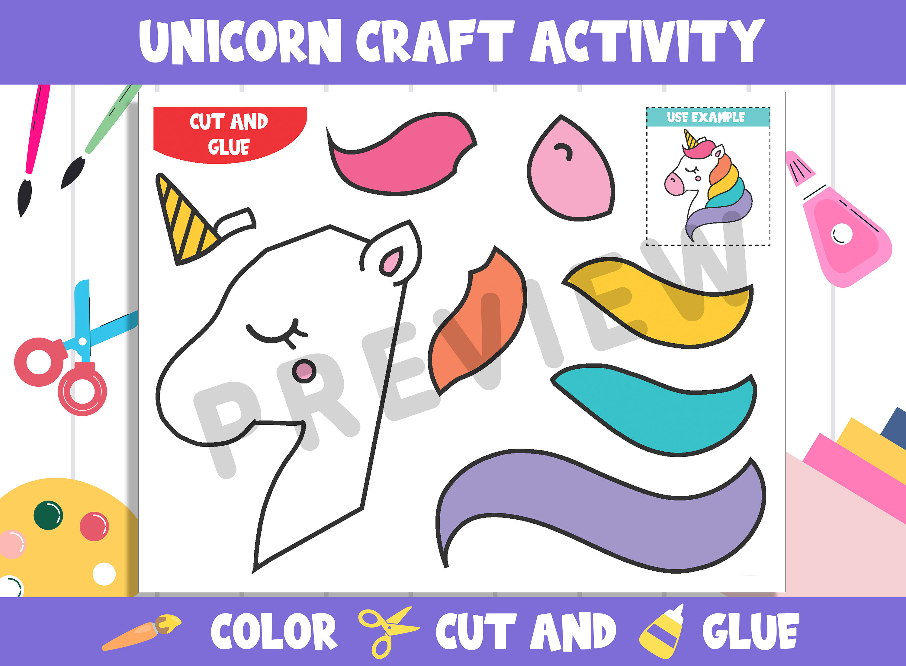 Unicorn Craft Activity : Color, Cut, and Glue for Prek to 2nd Grade ...