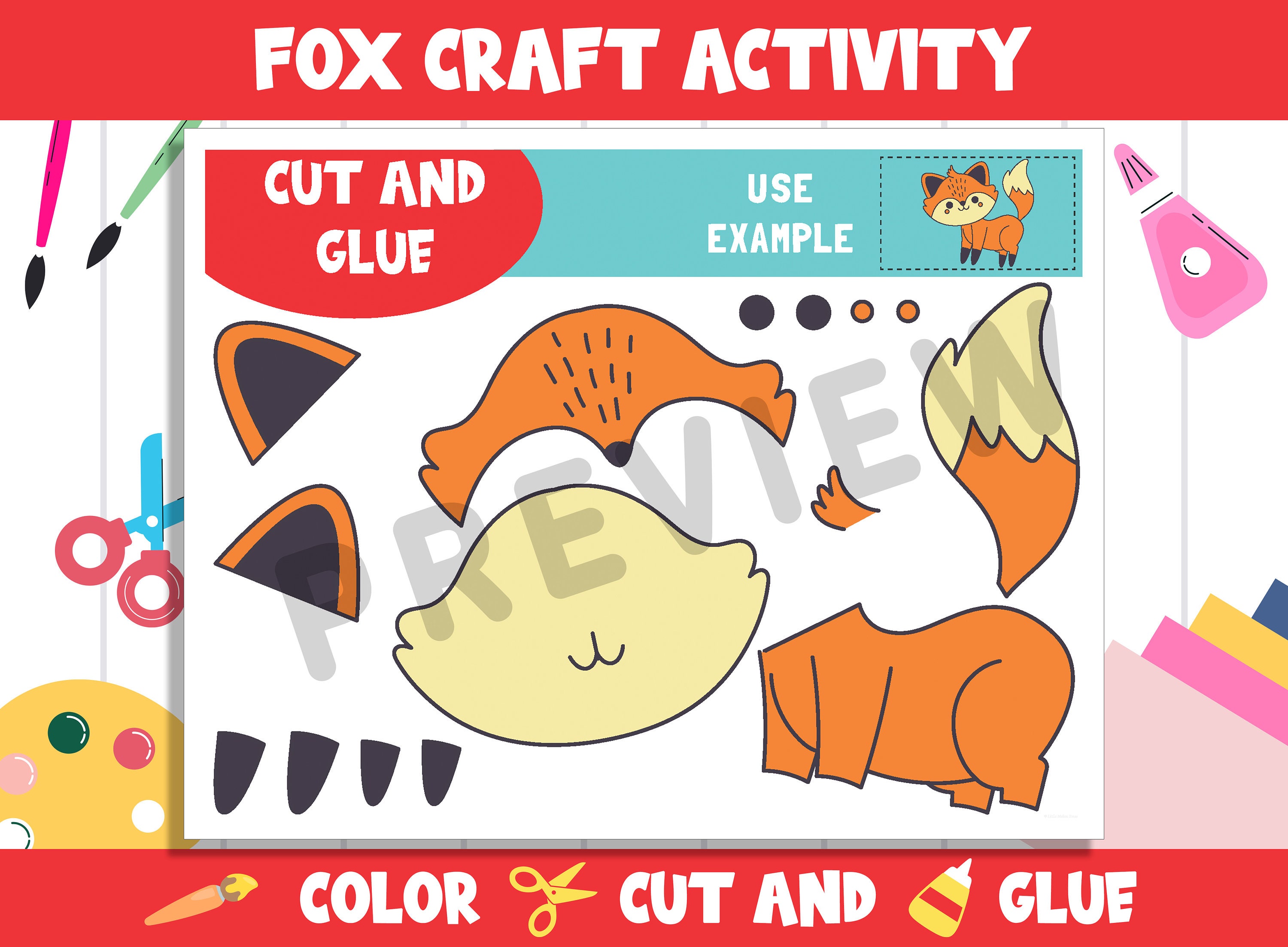 Cute Fox Craft Activity Color, Cut, and Glue for Prek to 2nd Grade, PDF ...