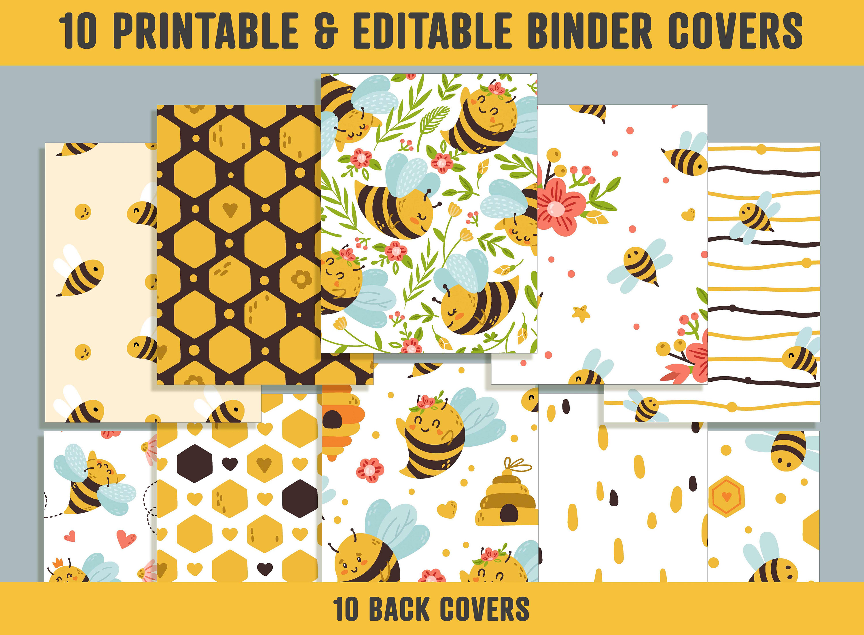 Honey Bee Binder Cover, 10 Printable & Editable Binder Covers Spines ...