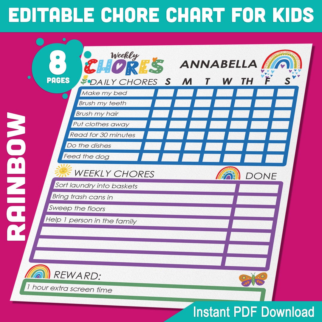 Spring Rainbow Chore Chart for Kids: Printable and Editable ...