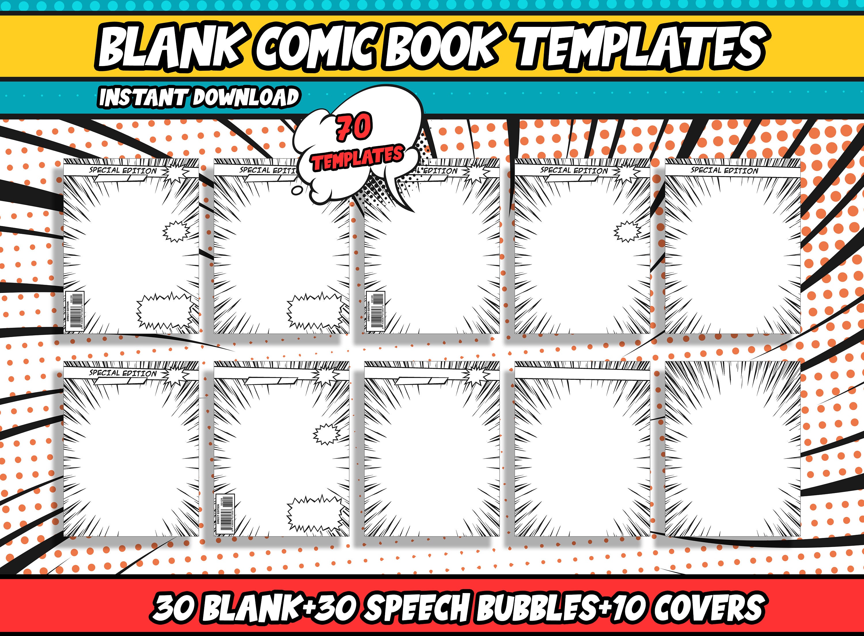 70 Comic Strip Templates, Create Your Own Comic Book, Includes: 30 ...