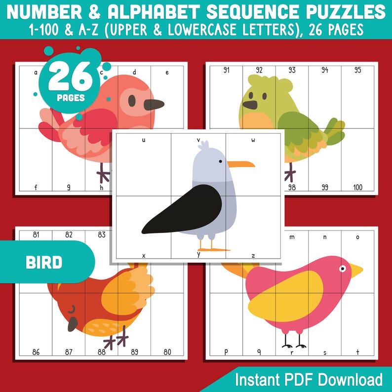 Bird Number and Alphabet Stripe Puzzles: 1-100 Counting and A-Z ...