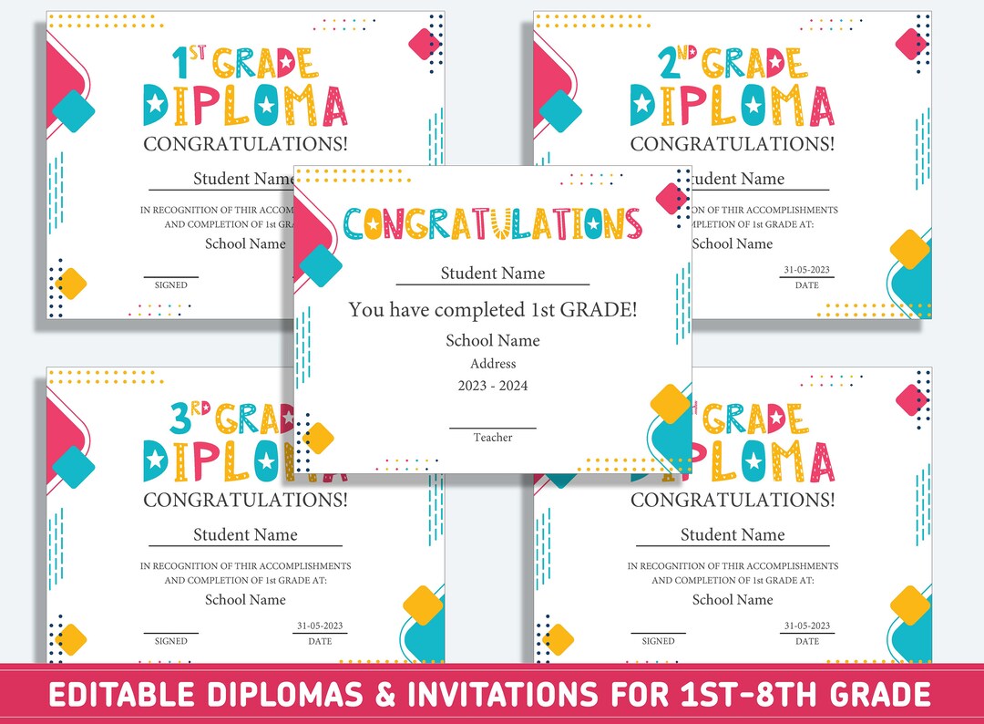 Editable 6th Grade Certificate, 1st to 8th Grade Diploma, Certificate ...