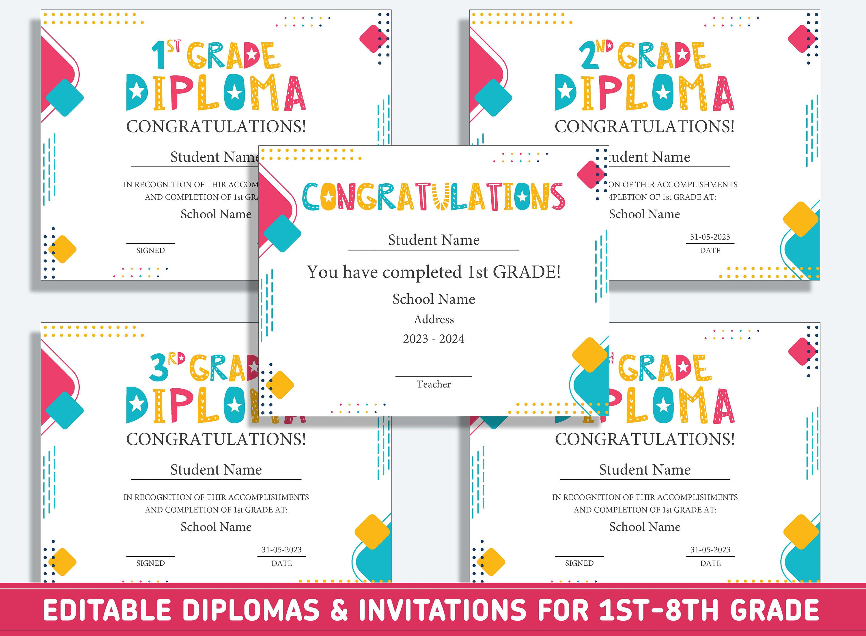 Editable 6th Grade Certificate, 1st to 8th Grade Diploma, Certificate ...