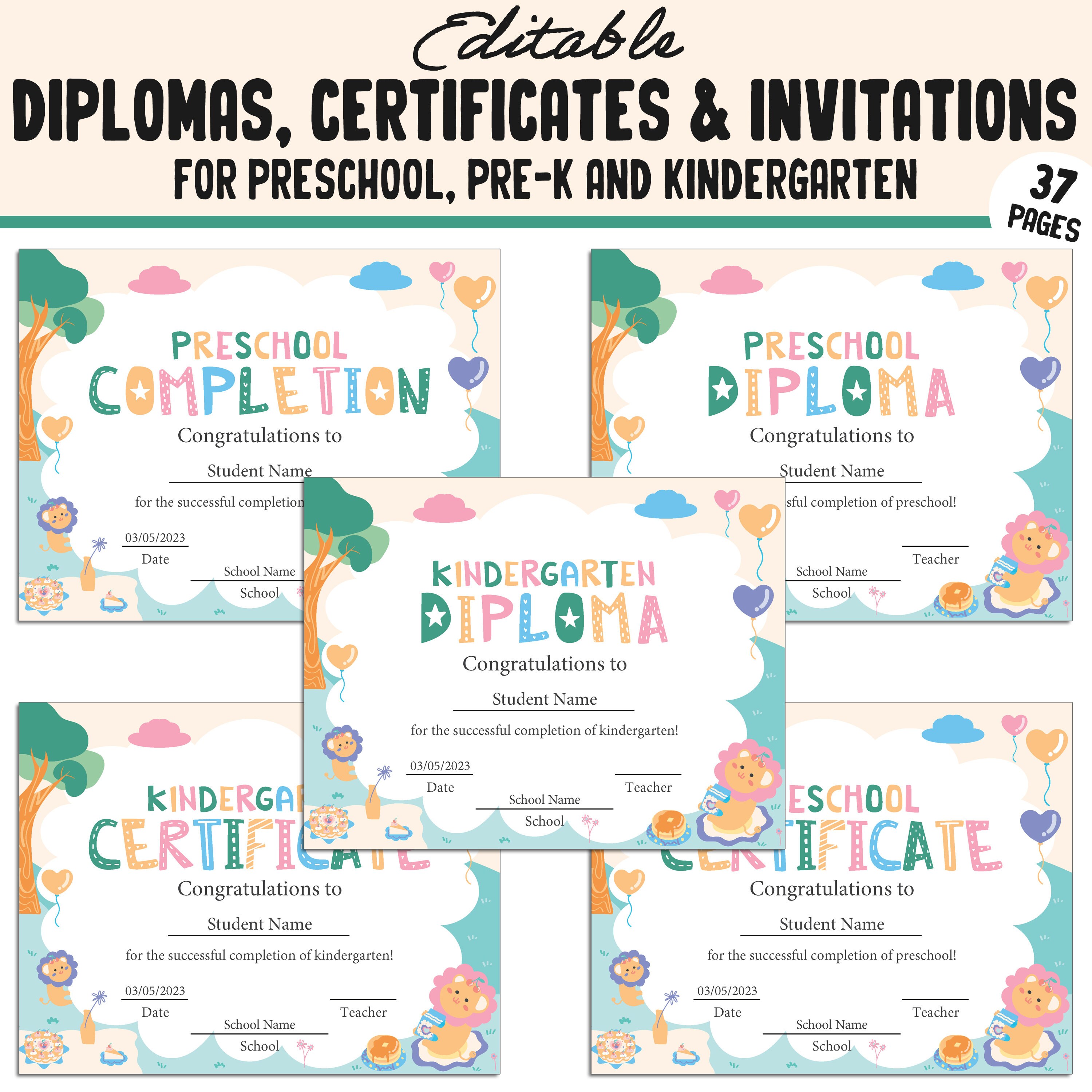 Editable Kindergarten, Prek, Preschool Diplomas, Certificates ...
