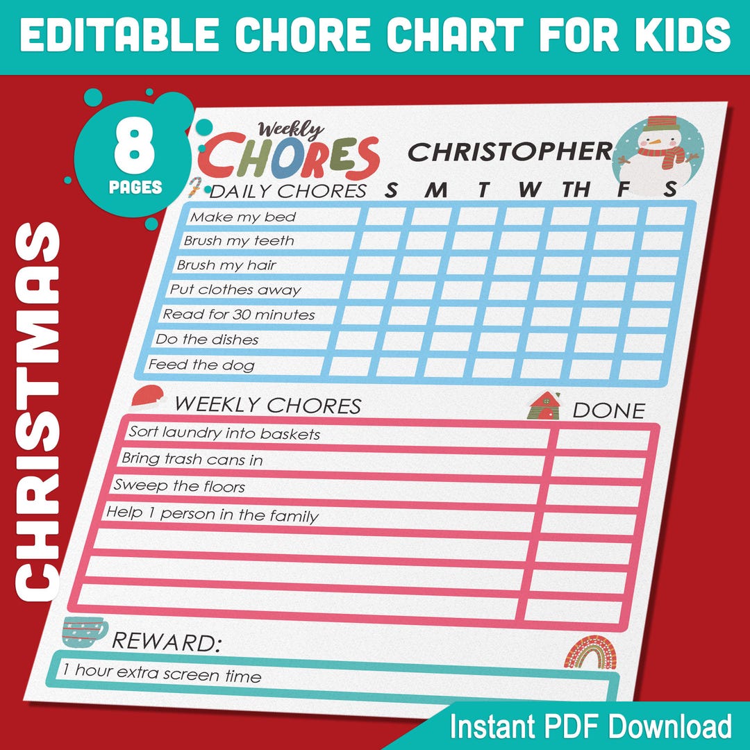 Christmas Chore Chart for Kids: 8 Printable and Editable Responsibility ...