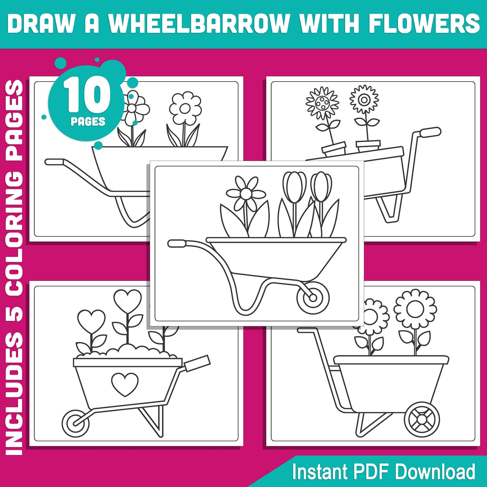 How to Draw a Wheelbarrow With Flowers: Fun 5-page Step-by-step ...