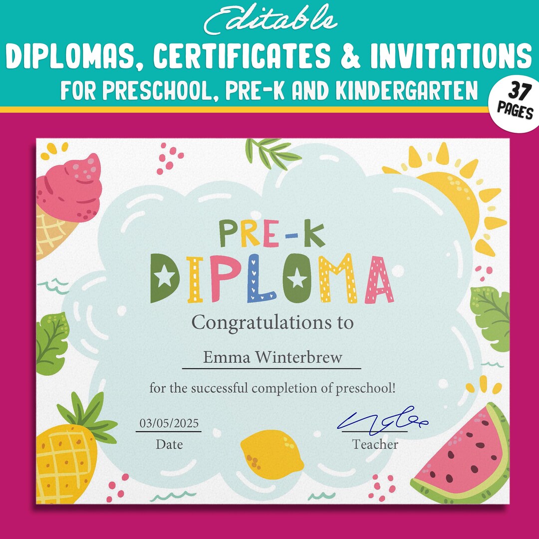 37 Customizable Pre-k Diplomas, Kindergarten, and Preschool ...