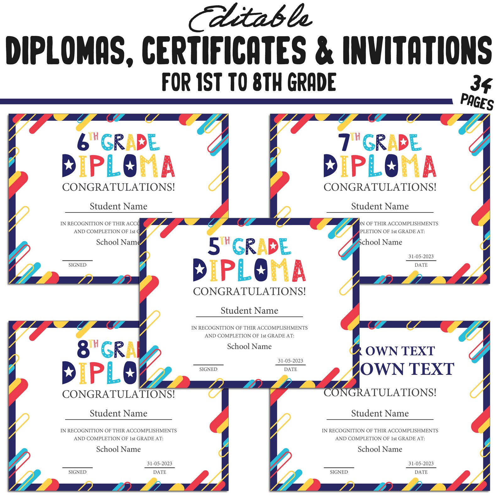 Editable 6th Grade Diplomas, 1st-8th Grade Certificates & Invitation ...