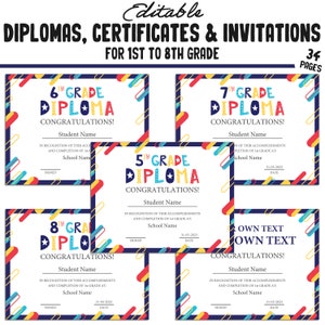 Editable 6th Grade Diplomas, 1st-8th Grade Certificates & Invitation ...