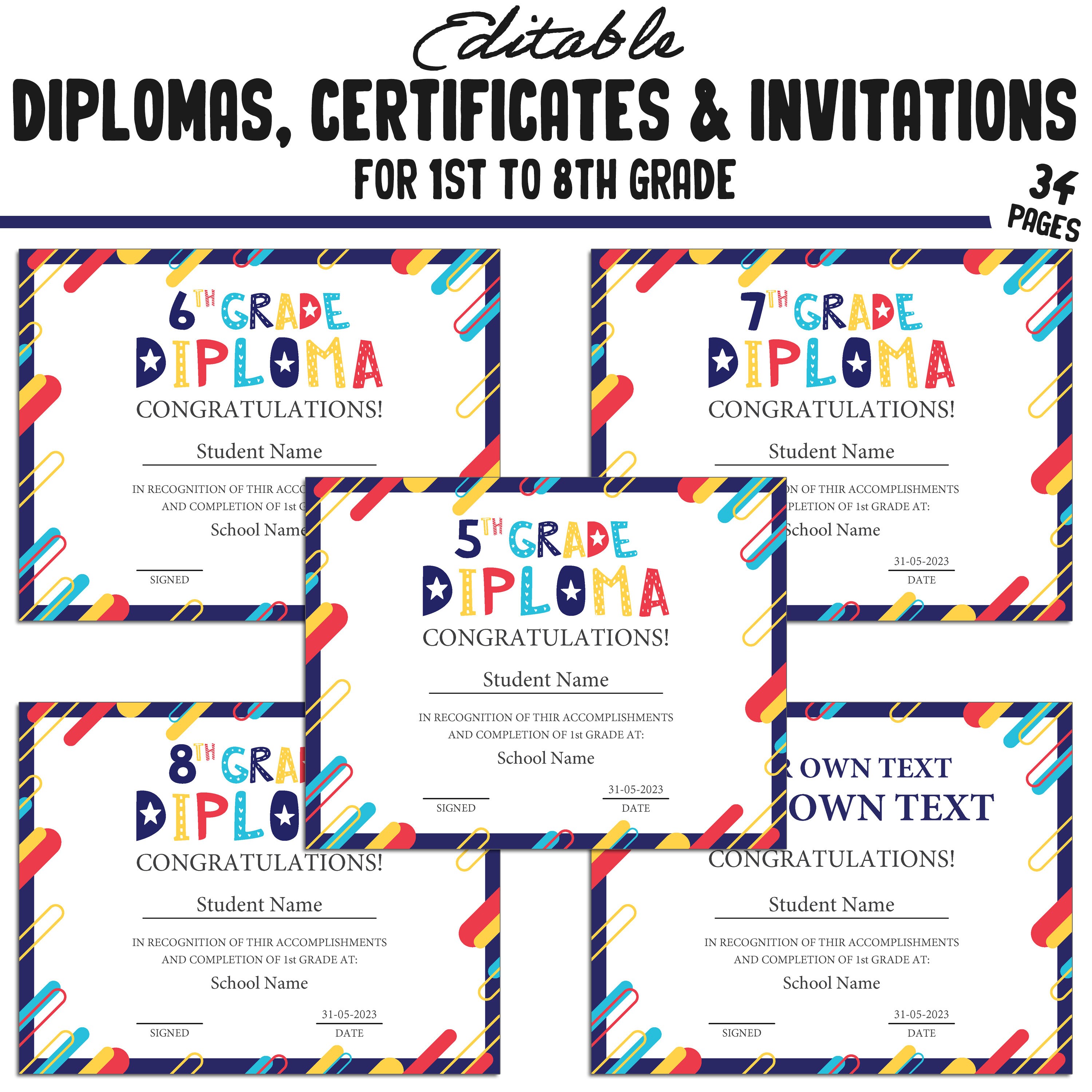 Editable 6th Grade Diplomas, 1st-8th Grade Certificates & Invitation ...