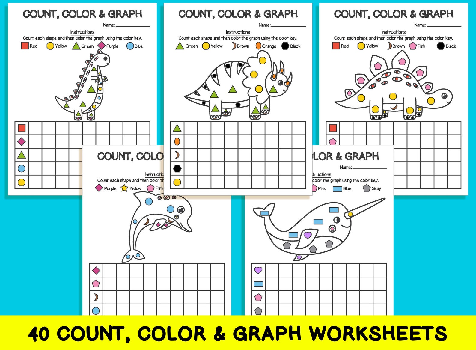 40 Count Color & Graph Worksheets Count and Graph Shapes - Etsy