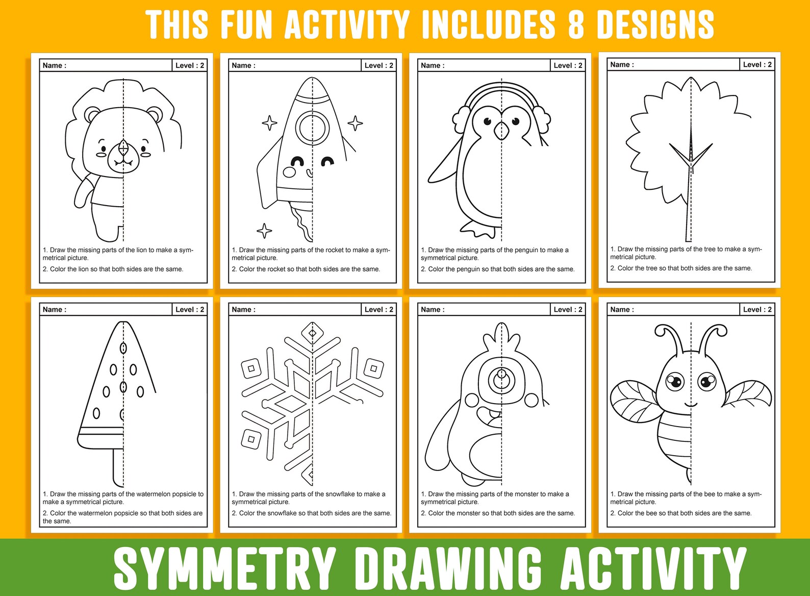 Symmetry Drawing, Lines of Symmetry Activity, 24 Pages/8 Designs, Each ...