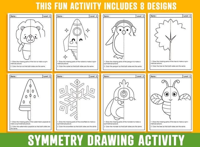 Symmetry Drawing, Lines of Symmetry Activity, 24 Pages/8 Designs, Each ...