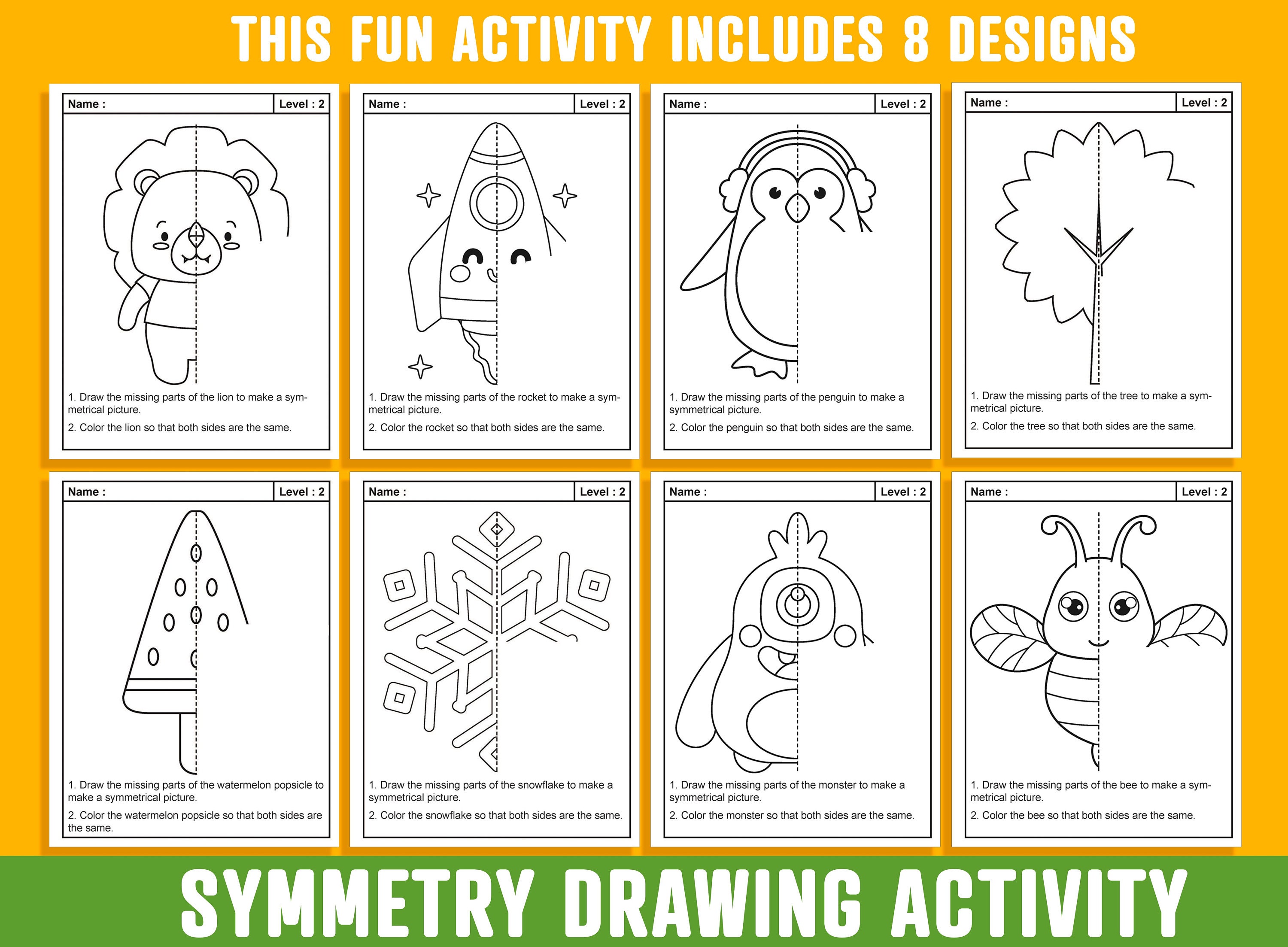 Symmetry Drawing, Lines of Symmetry Activity, 24 Pages/8 Designs, Each ...