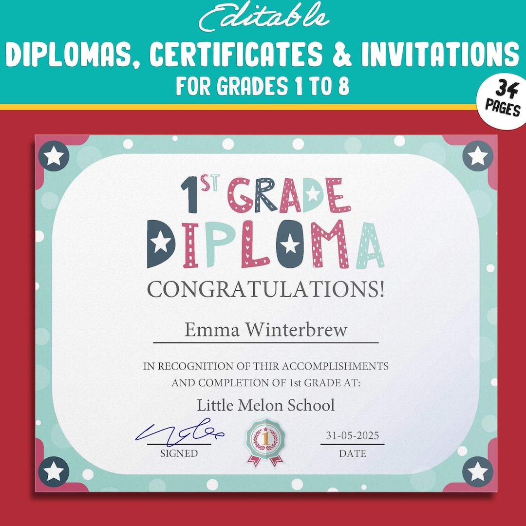 Editable First Grade Awards, 1st to 8th Grade Diploma, Certificate of ...