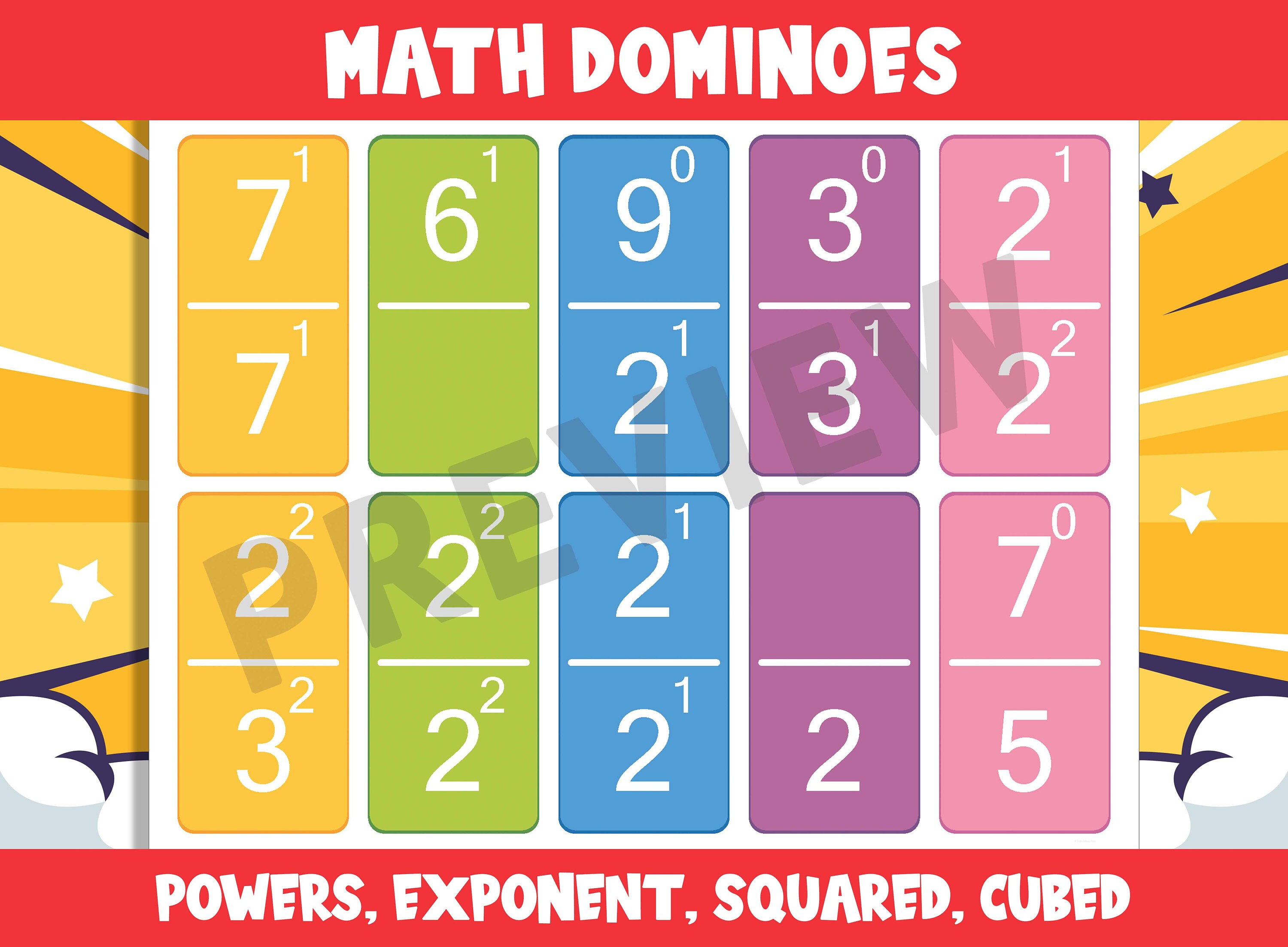 Printable Math Dominoes powers, Exponent, Squared, Cubed, 55 Cards, PDF ...