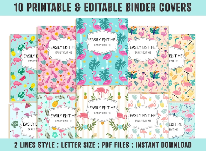 Binder Cover Flamingo, 10 Printable & Editable Binder Covers+spines ...