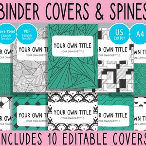 10 Editable Green and Black Binder Covers, Includes 1", 1.5", 2" Spines ...