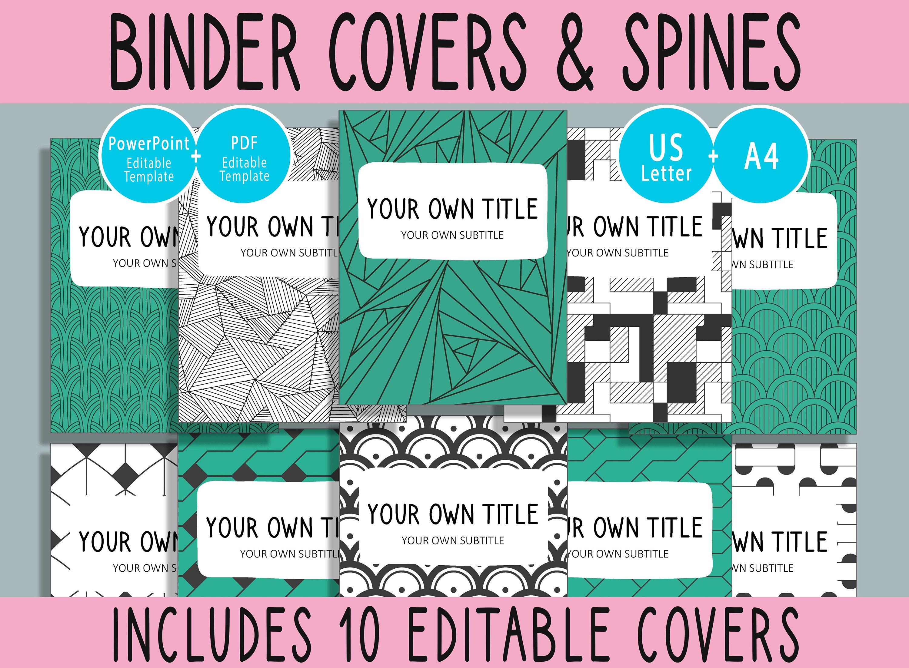 10 Editable Green and Black Binder Covers, Includes 1", 1.5", 2" Spines ...