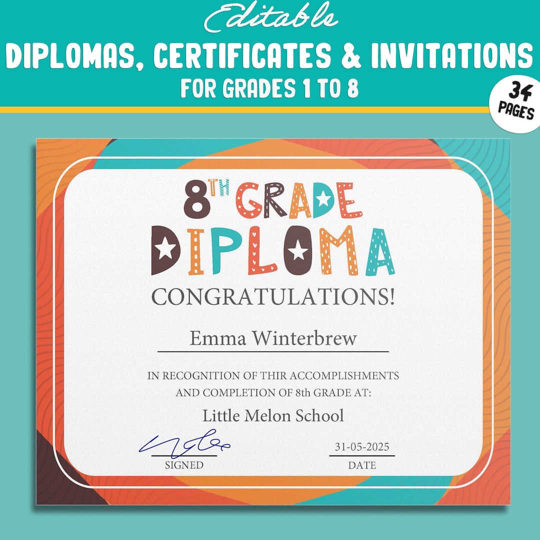 Editable 8th Grade Diploma, 1st to 8th Grade Diploma, Certificate of ...