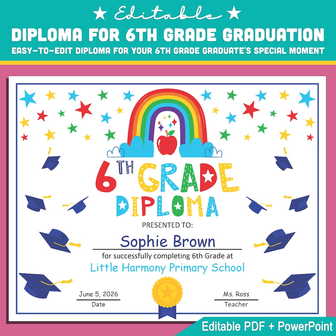6th Grade Diploma Template: Personalized PDF & Powerpoint Design for ...