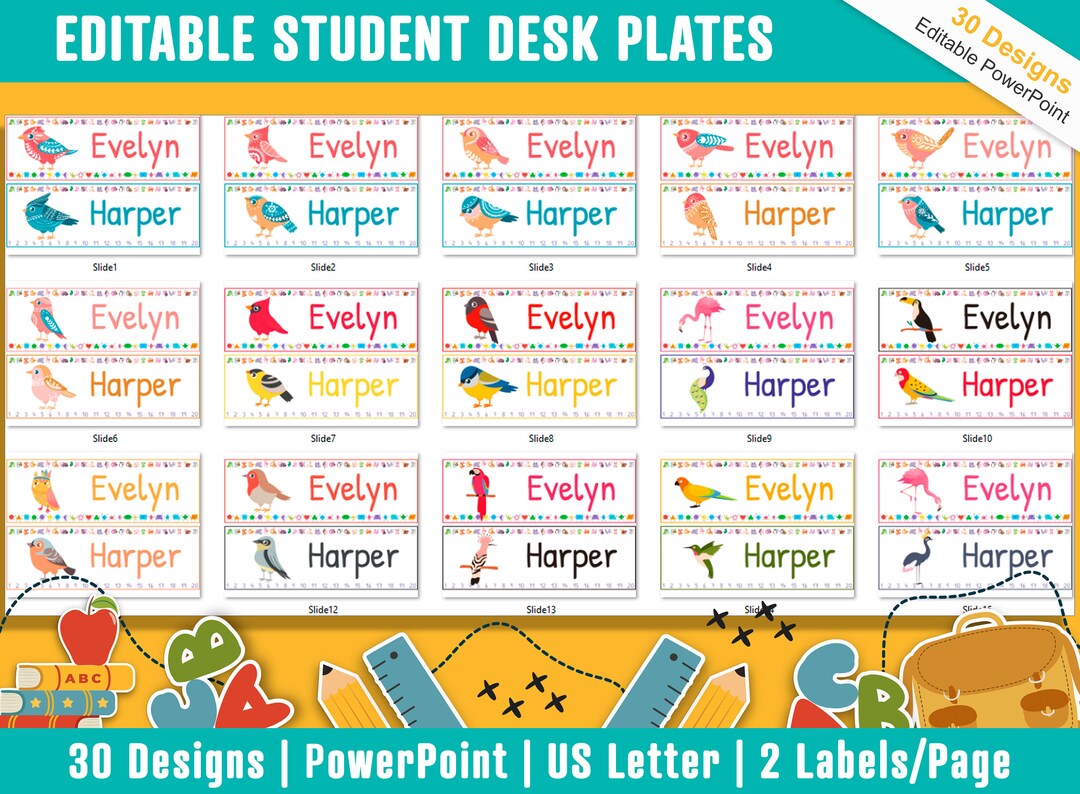 Cute Bird Student Desk Plates: 30 Editable Designs With Powerpoint, US ...