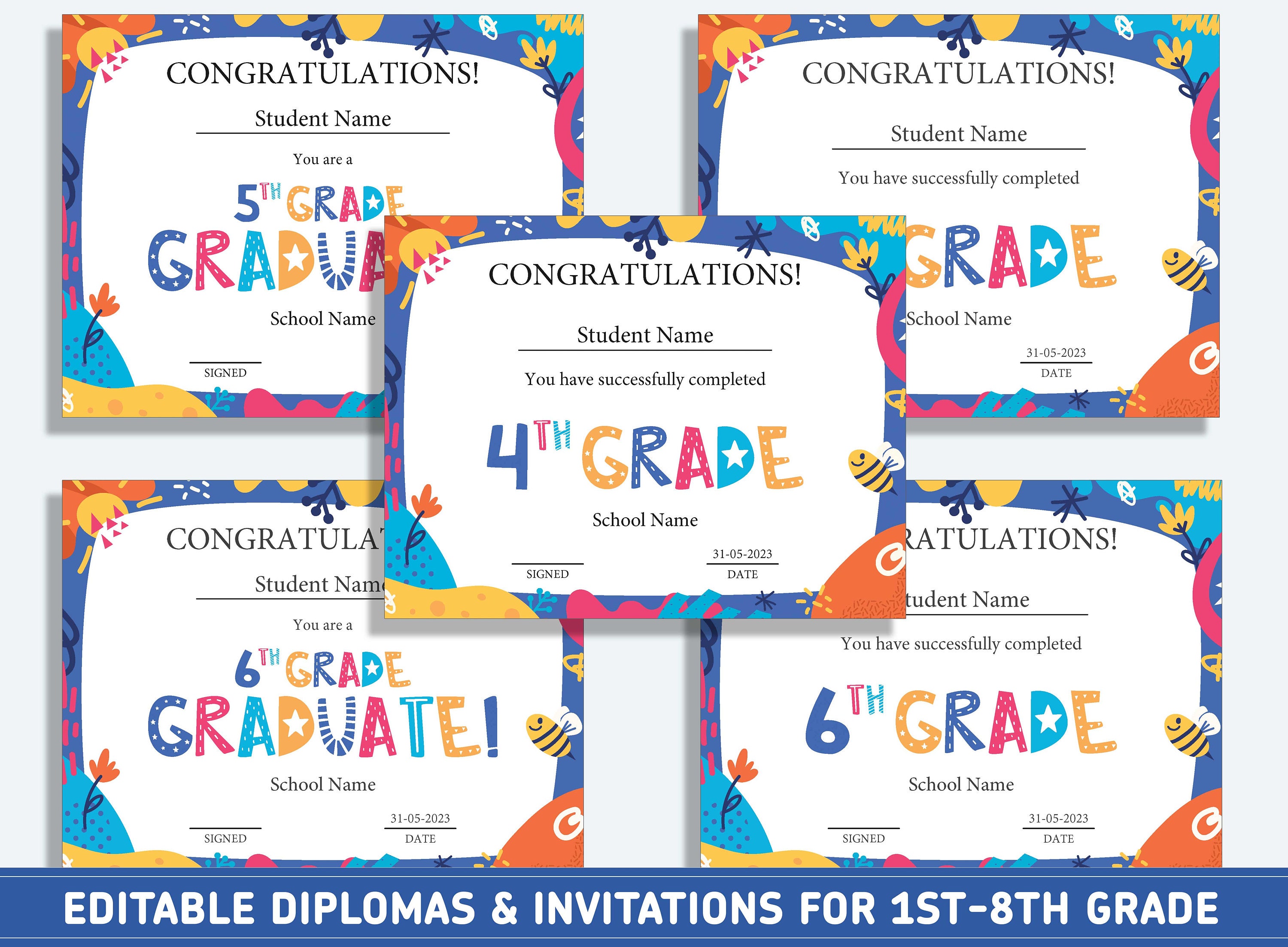 Editable First Grade Certificate, 1st to 8th Grade Diploma, Certificate ...