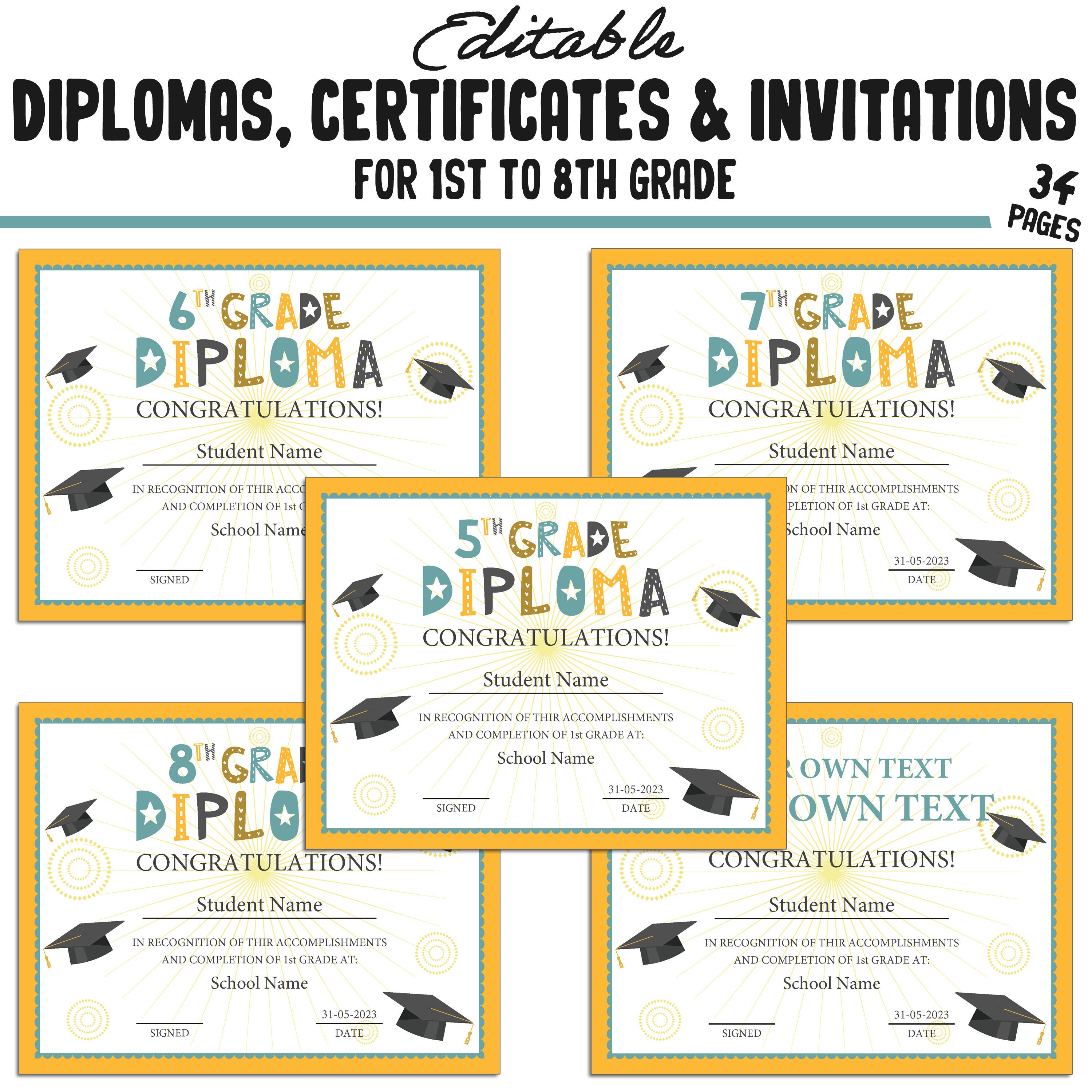 34 Editable First Grade Diplomas, 1st-8th Grade Certificates, Diplomas ...