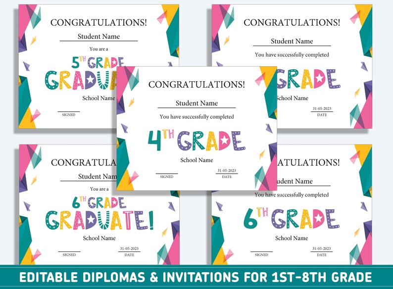 Editable First Grade, Second Grade to 8th Grade Diploma Certificate of ...