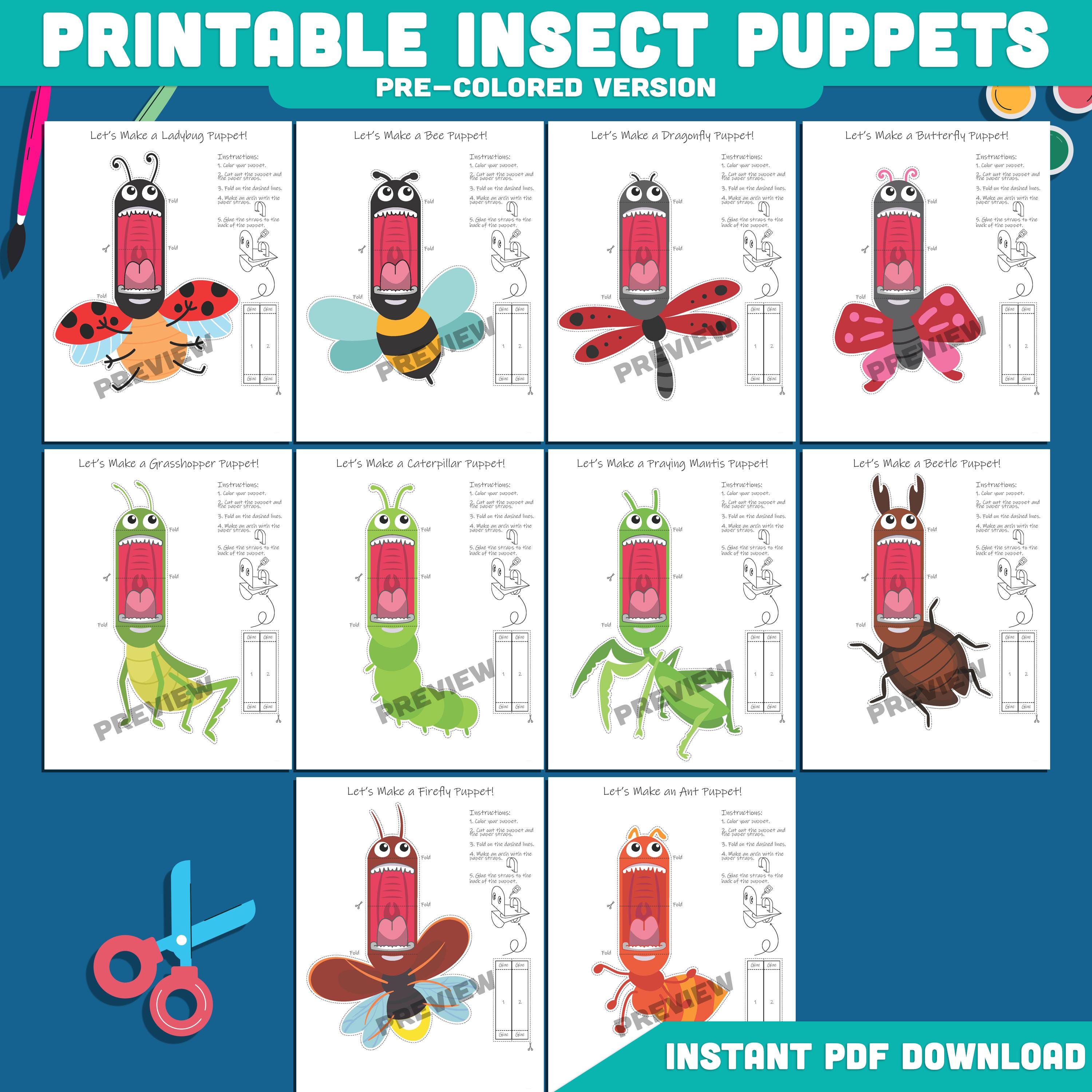 Insect Puppet Templates for Kids: 20-page Craft With Pre-colored ...